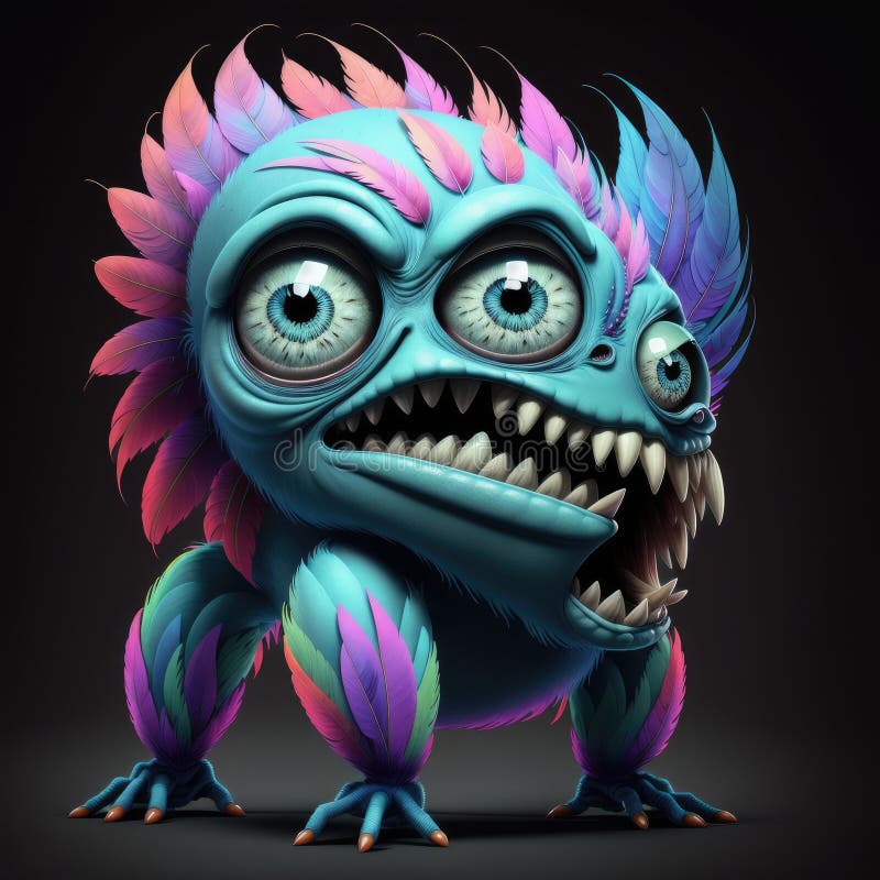 A Cartoon, Multicolored Monster with Teeth, Feathers. on a Solid ...