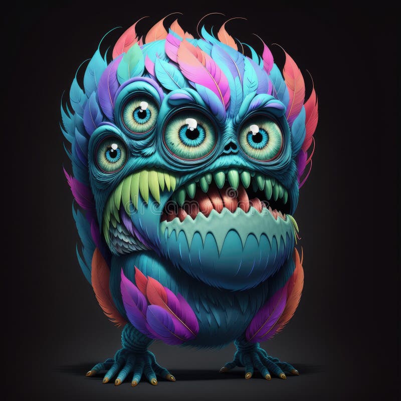 A Cartoon, Multicolored Monster with Teeth, Feathers. on a Solid ...