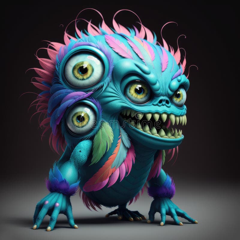 A Cartoon, Multicolored Monster with Teeth, Feathers. on a Solid ...