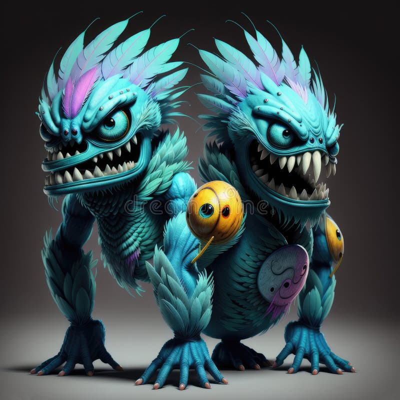 A Cartoon, Multicolored Monster with Teeth, Feathers. on a Solid ...