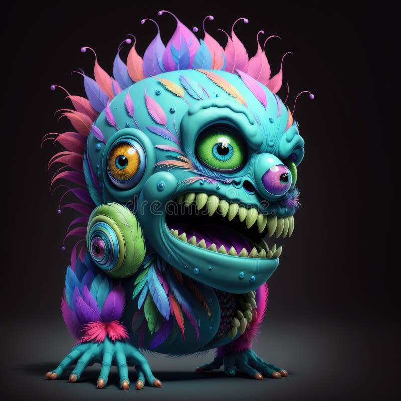 A Cartoon, Multicolored Monster with Teeth, Feathers. on a Solid ...