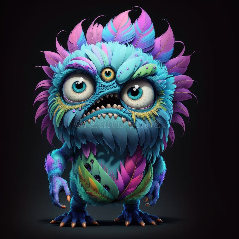 A Cartoon, Multicolored Monster with Teeth, Feathers. on a Solid ...