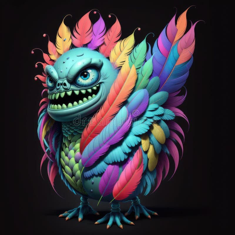 A Cartoon, Multicolored Monster with Teeth, Feathers. on a Solid ...