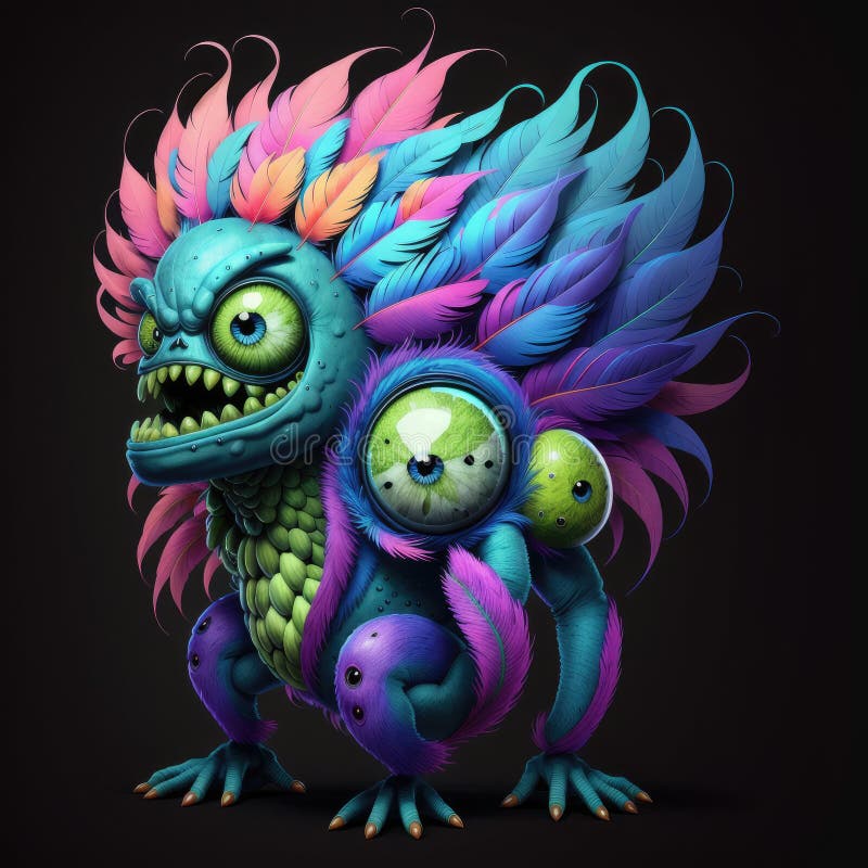 A Cartoon, Multicolored Monster with Teeth, Feathers. on a Solid ...