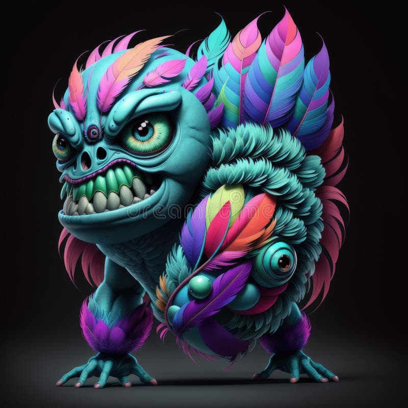 A Cartoon, Multicolored Monster with Teeth, Feathers. on a Solid ...