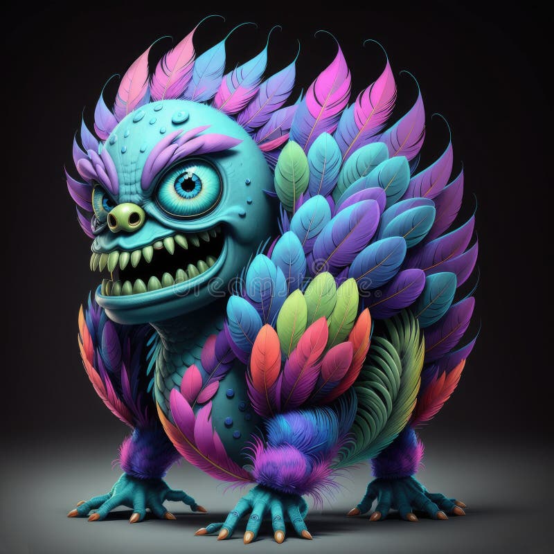 A Cartoon, Multicolored Monster with Teeth, Feathers. on a Solid ...