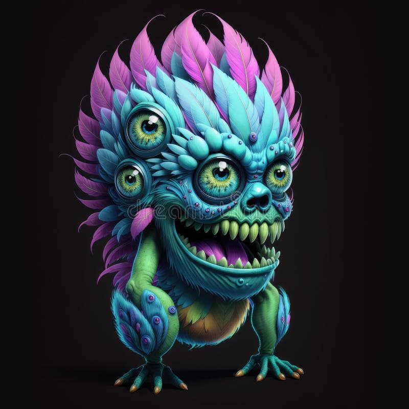 A Cartoon, Multicolored Monster with Teeth, Feathers. on a Solid ...