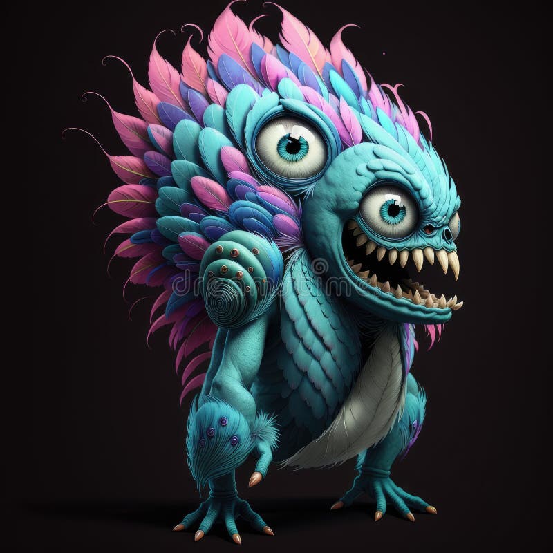 A Cartoon, Multicolored Monster with Teeth, Feathers. on a Solid ...
