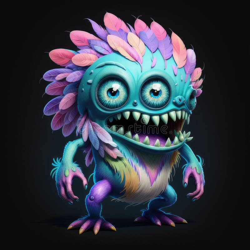 A Cartoon, Multicolored Monster with Teeth, Feathers. on a Solid ...