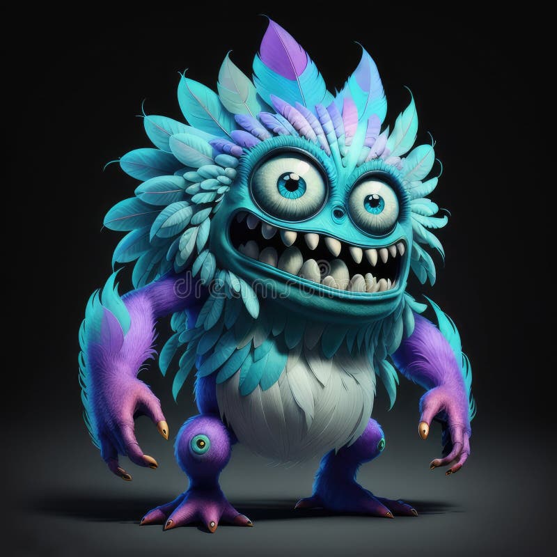 A Cartoon, Multicolored Monster with Teeth, Feathers. on a Solid ...