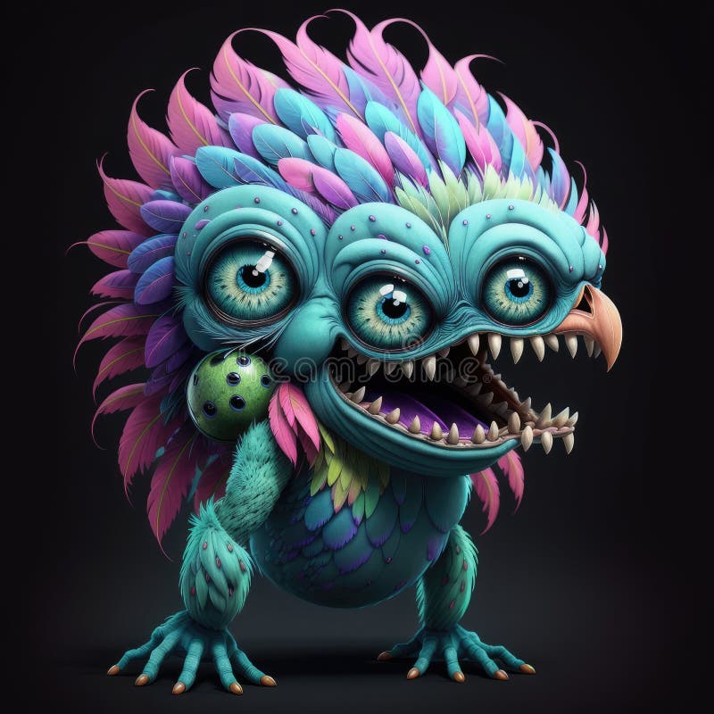 A Cartoon, Multicolored Monster with Teeth, Feathers. on a Solid ...