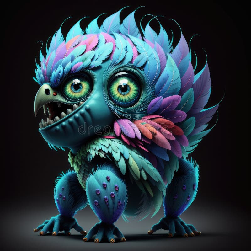 A Cartoon, Multicolored Monster with Teeth, Feathers. on a Solid ...