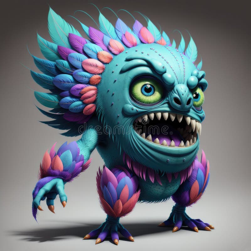 A Cartoon, Multicolored Monster with Teeth, Feathers. on a Solid ...