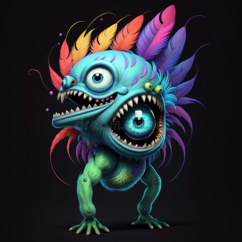 A Cartoon, Multicolored Monster with Teeth, Feathers. on a Solid ...
