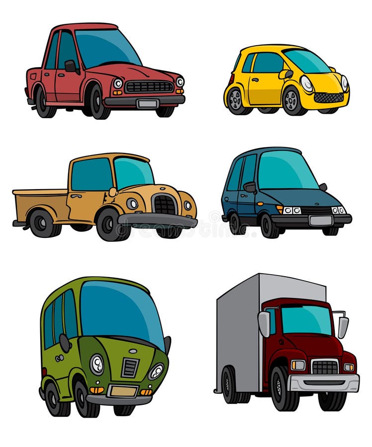 Cartoon Various Six Different Variant of Colorful Cars Sedan Truck Bus ...