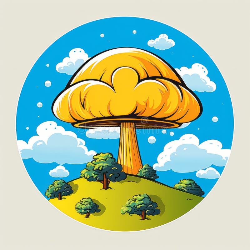 Cartoon Mushroom on a Hill with Trees and Clouds Stock Illustration ...