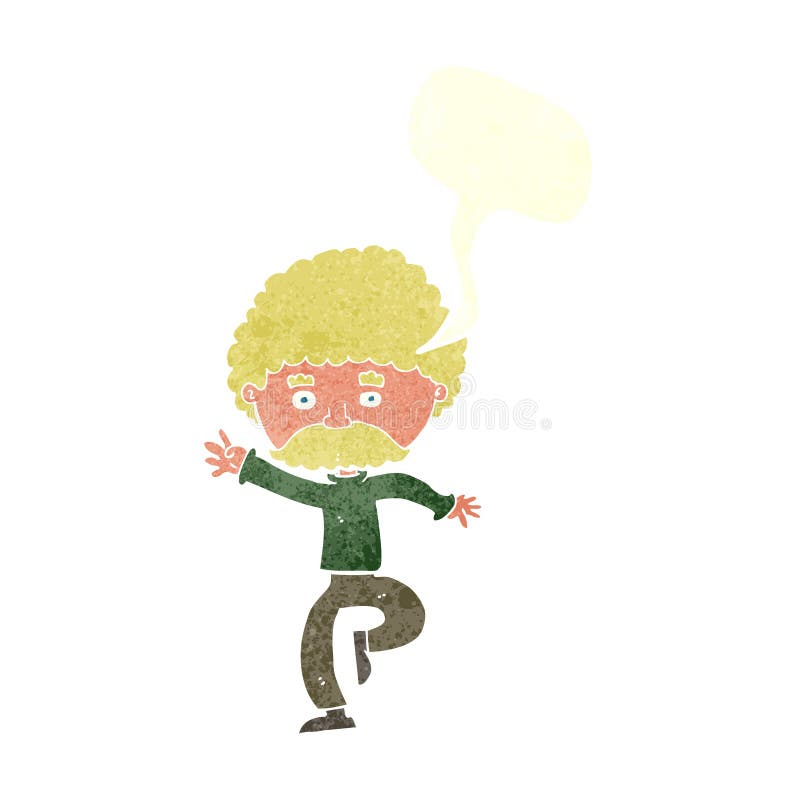 Cartoon Mustache Man Disco Dancing with Speech Bubble Stock ...