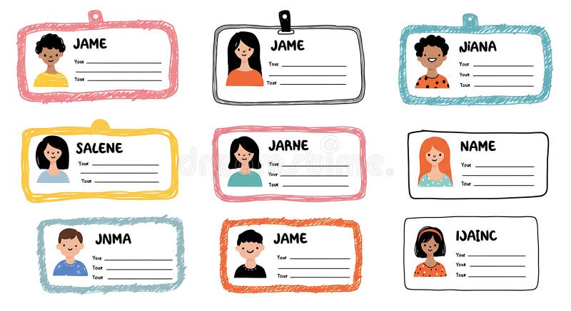 Cartoon Name Tags Set with Diverse Characters and Customization Fields ...