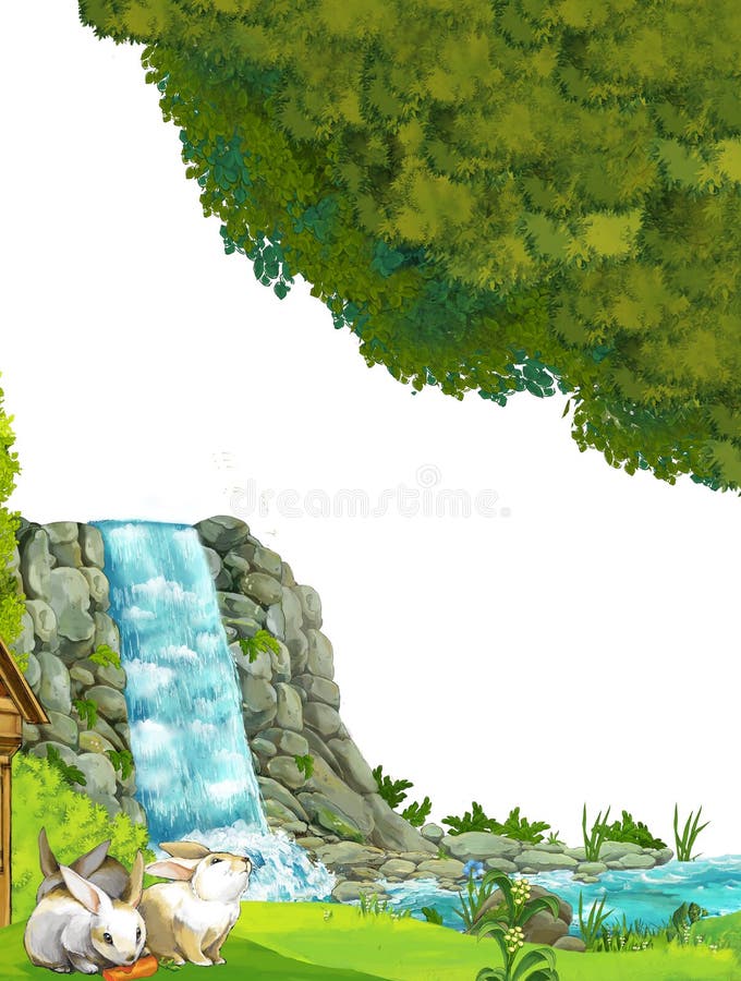 Cartoon Nature Scene with Waterfall Rabbit in Background Stock ...