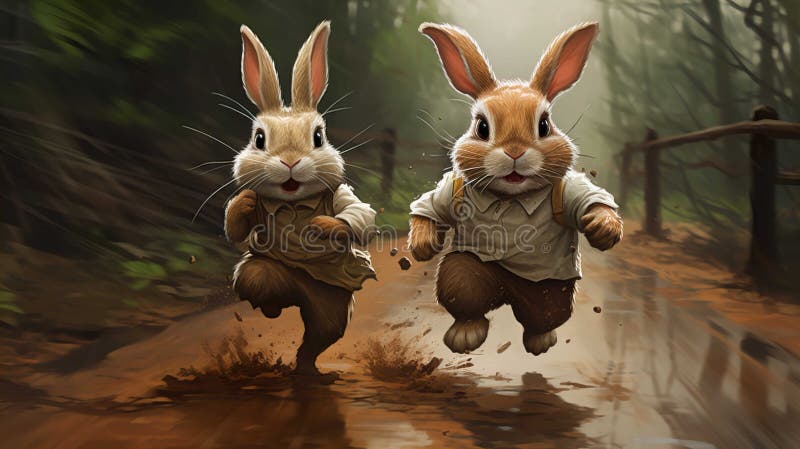 Cartoon Network, Two Rabbits Running in the Rain, on Muddy Land ...
