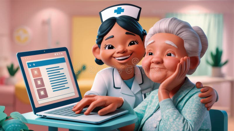A Cartoon of a Nurse and an Elderly Woman are Working on the Computer ...