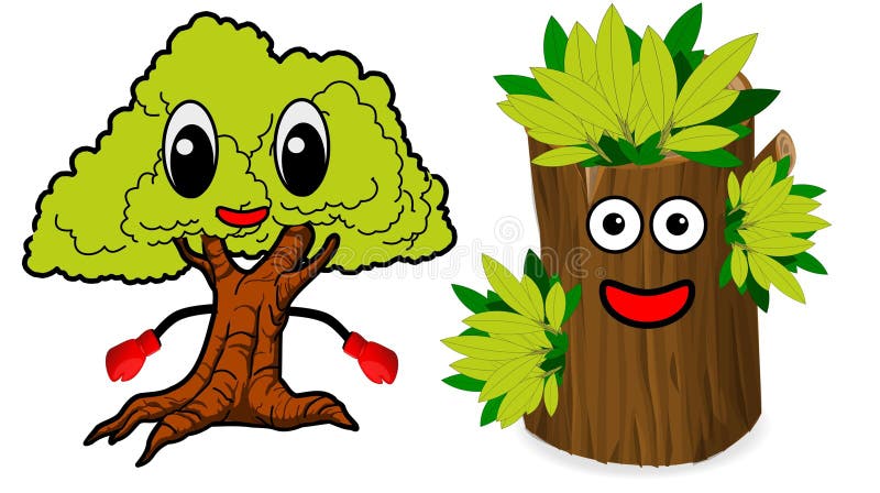 Cartoon Oak Tree with Face and Arms and Tree Stump with Face Stock ...