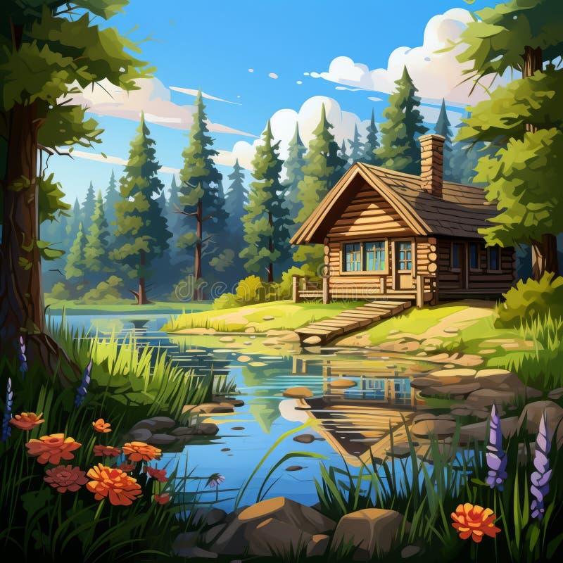 Cartoon Oasis: Detailed Log Cabin in Pine Tree Forest Stock ...