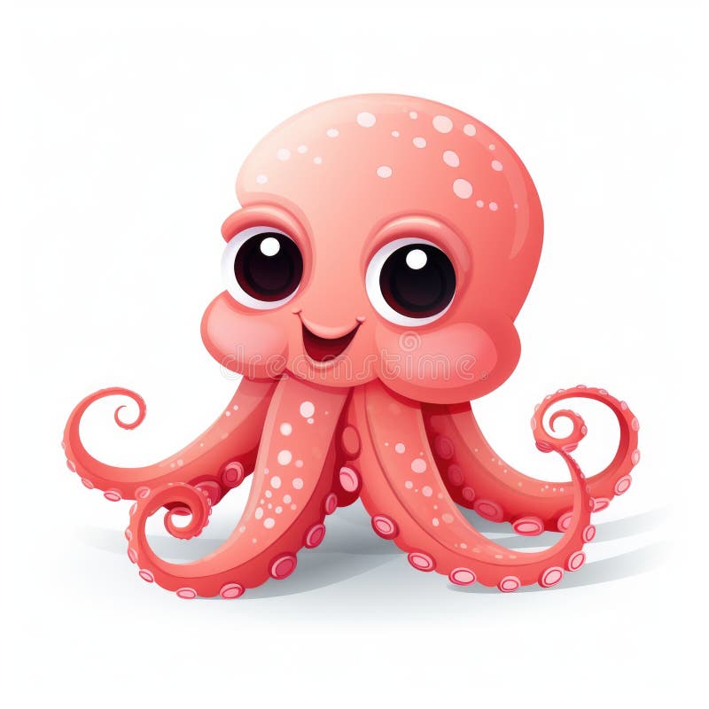 A Cartoon Octopus with Big Eyes Sitting on a White Surface. Stock ...