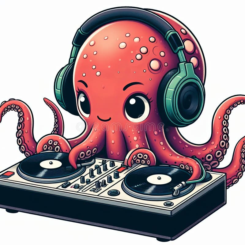 Cartoon Octopus Enjoying a DJ Set Stock Illustration - Illustration of ...