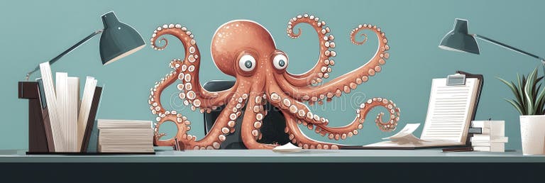 Cartoon Octopus Enthusiastically Multitasking at Work Stock ...