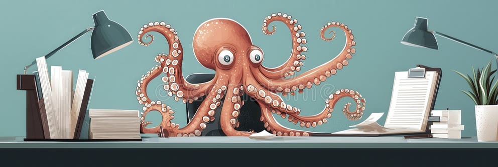Cartoon Octopus Enthusiastically Multitasking at Work Stock ...