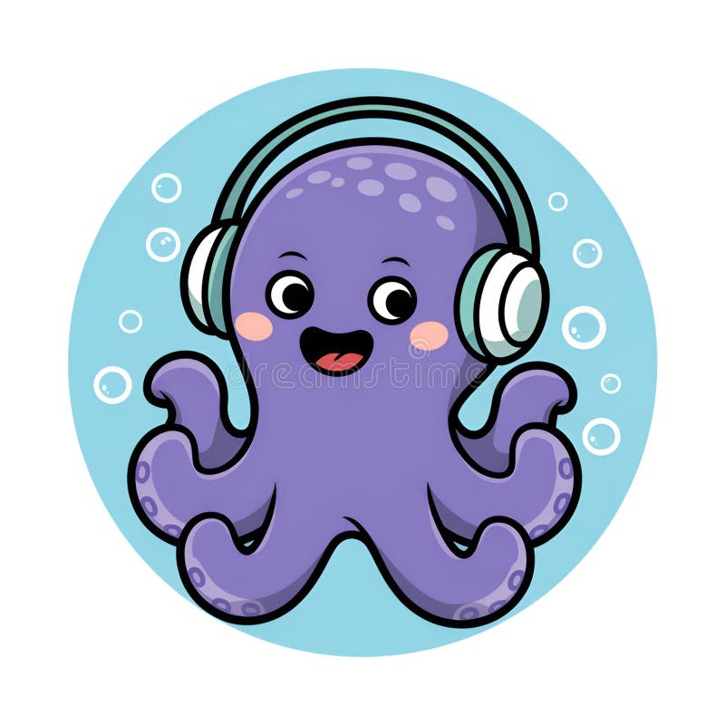 Cartoon Octopus with Headphones on Light Blue Circle with Bubbles ...