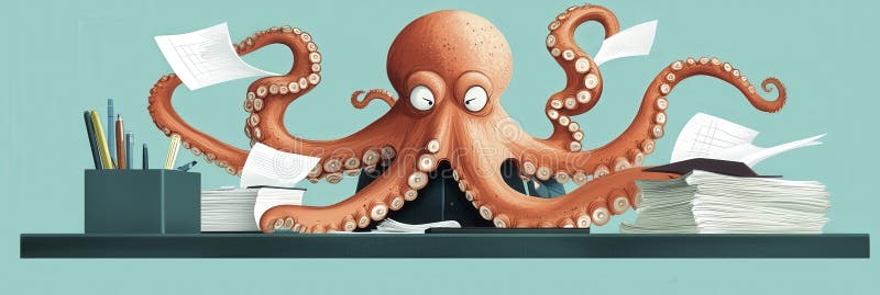 Cartoon Octopus Juggling Paperwork on a Tidy Desk Stock Illustration ...