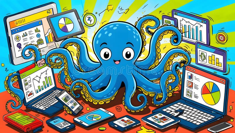 Cartoon Octopus Multitasking with Various Devices and Analytics ...