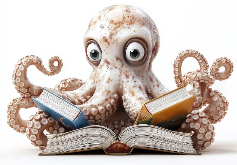 A Cartoon Octopus Reads a Book with Concentration. Stock Image - Image ...