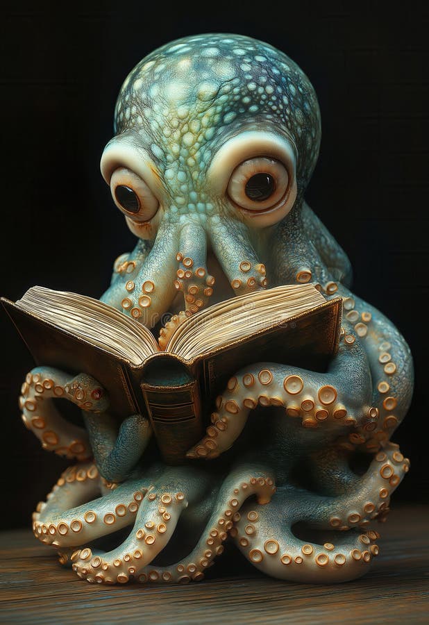A Cartoon Octopus Reads a Book with Concentration. Stock Photo - Image ...