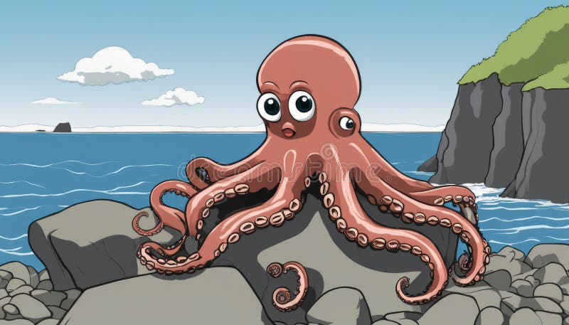 A Cartoon Octopus Sitting on a Rock Near the Ocean Stock Illustration ...