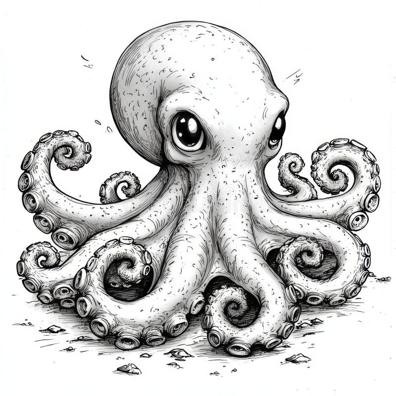 A Cartoon Octopus Sketch, Engraved and Mimicking Scratchboard in Black ...