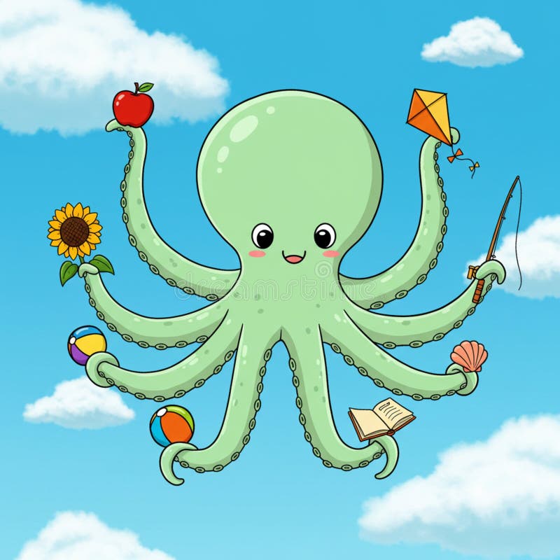 Cartoon Octopus with a Smiling Expression, Set Against a Blue Sky with ...