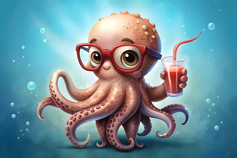 Cartoon Octopus Wearing Glasses and Drinking Juice Stock Illustration ...