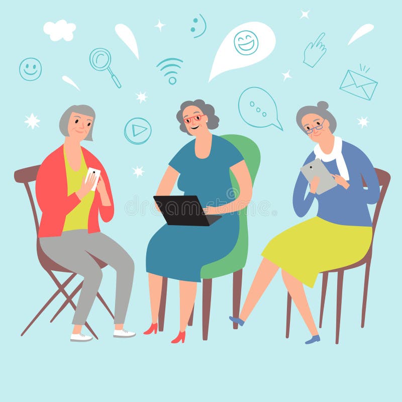 Cartoon Old Ladies Using Computers and Gadgets. Stock Vector ...