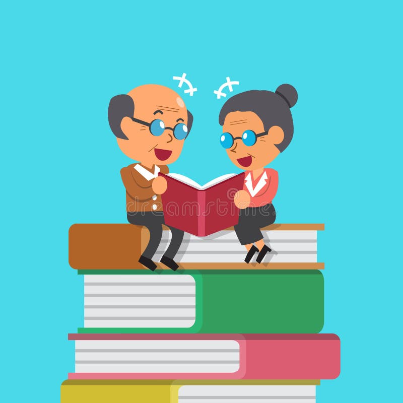 Cartoon Old Man and Old Woman Reading Book Stock Vector - Illustration ...