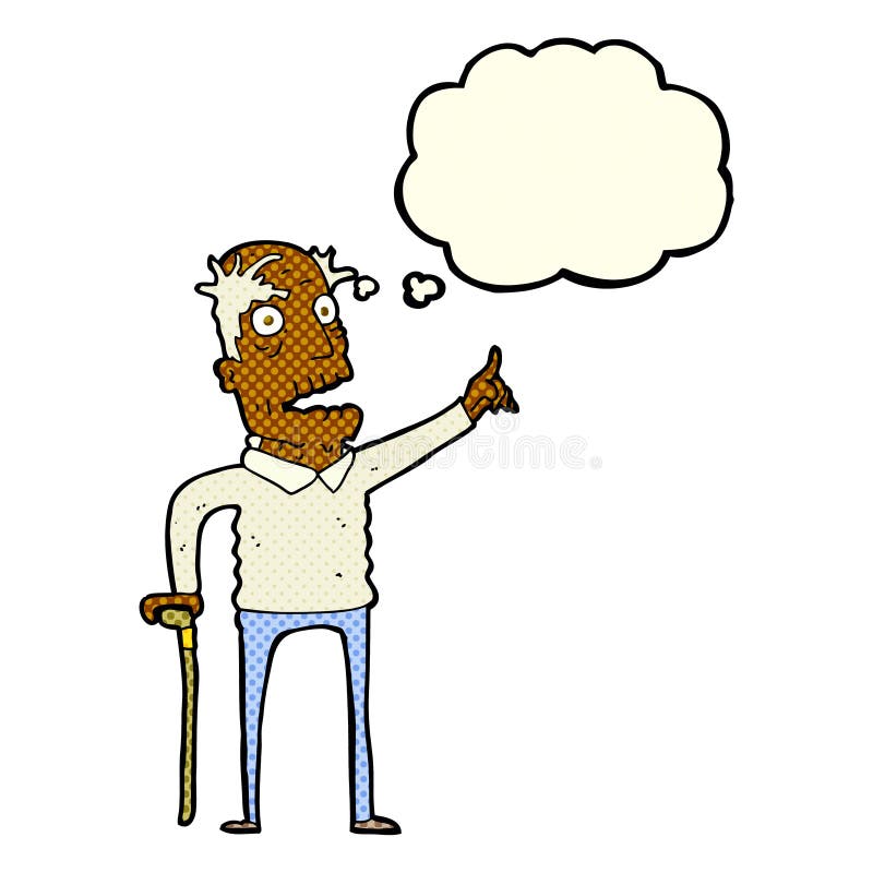 Cartoon Old Man With Walking Stick With Thought Bubble Stock
