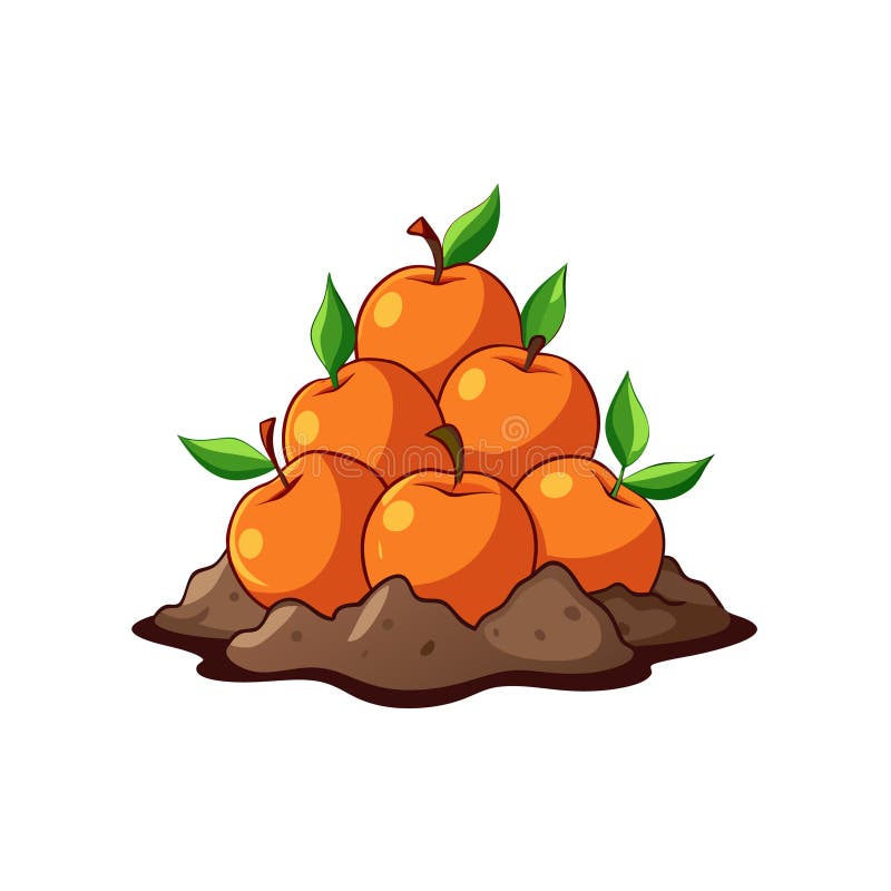 Cartoon Orange Apples Stacked on Dirt with Green Leaves Stock ...