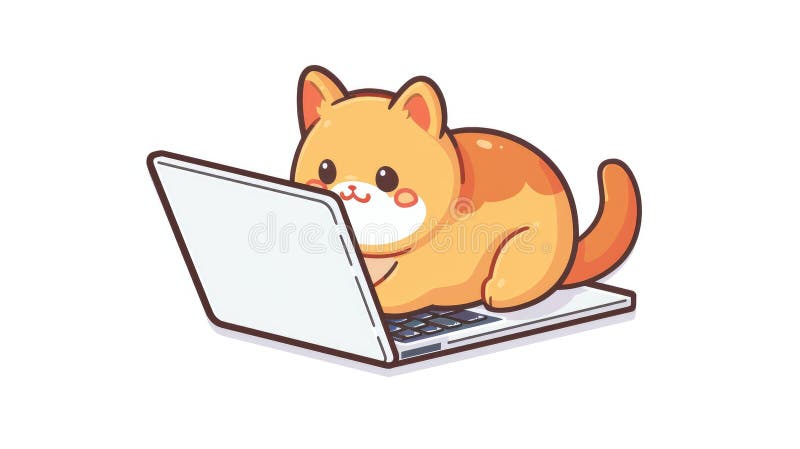 A Cartoon Orange Cat is Using a Laptop Stock Illustration ...