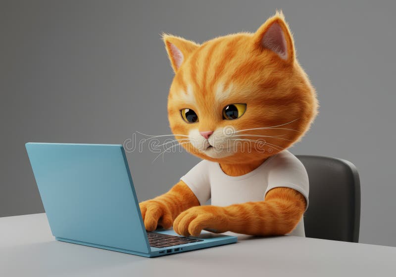Cartoon Orange Cat Working on Laptop Computer at Office Desk Stock ...