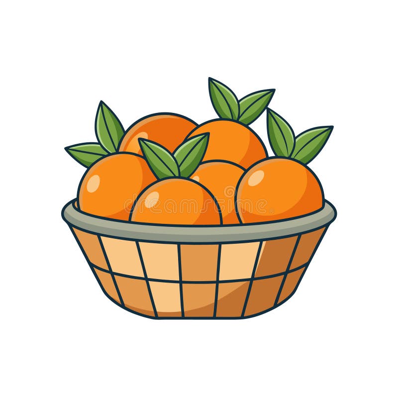 Cartoon Oranges with Leaves in a Woven Basket Stock Illustration ...