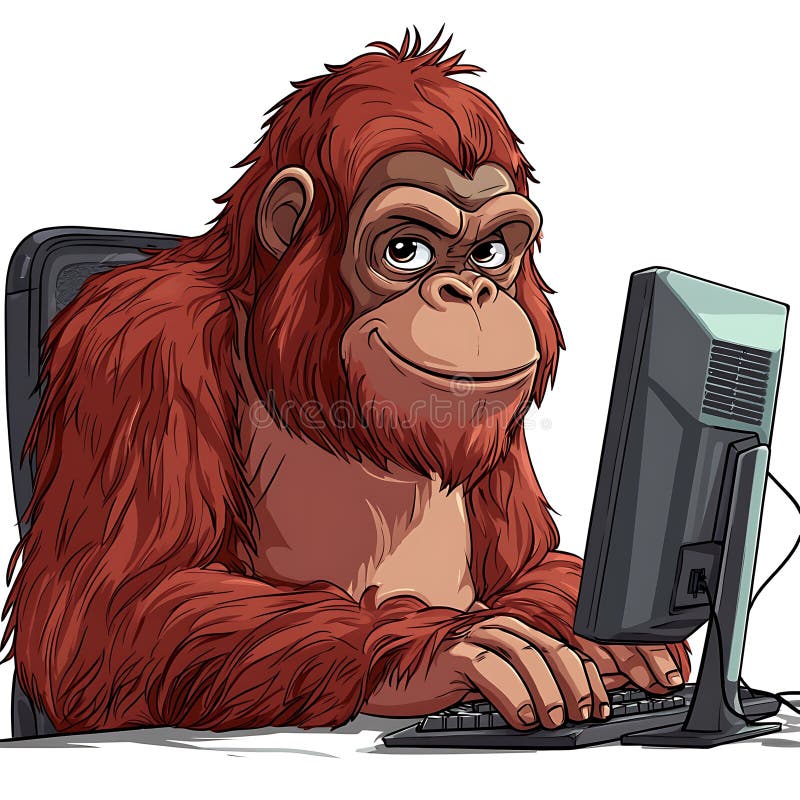 A Cartoon Orangutan Sits at a Desk Working Diligently on a Computer ...