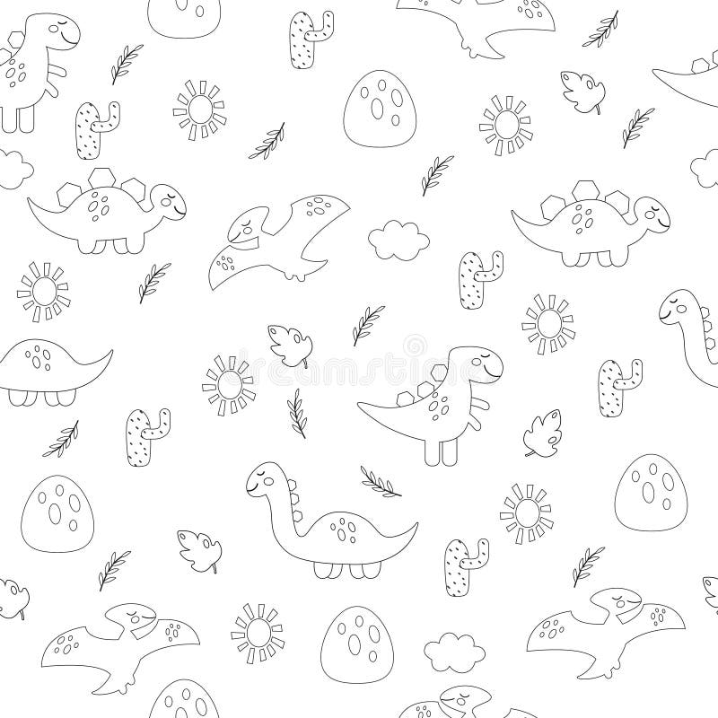 Cartoon Outline Seamless Dinosaur Pattern. Vector Illustration Stock ...