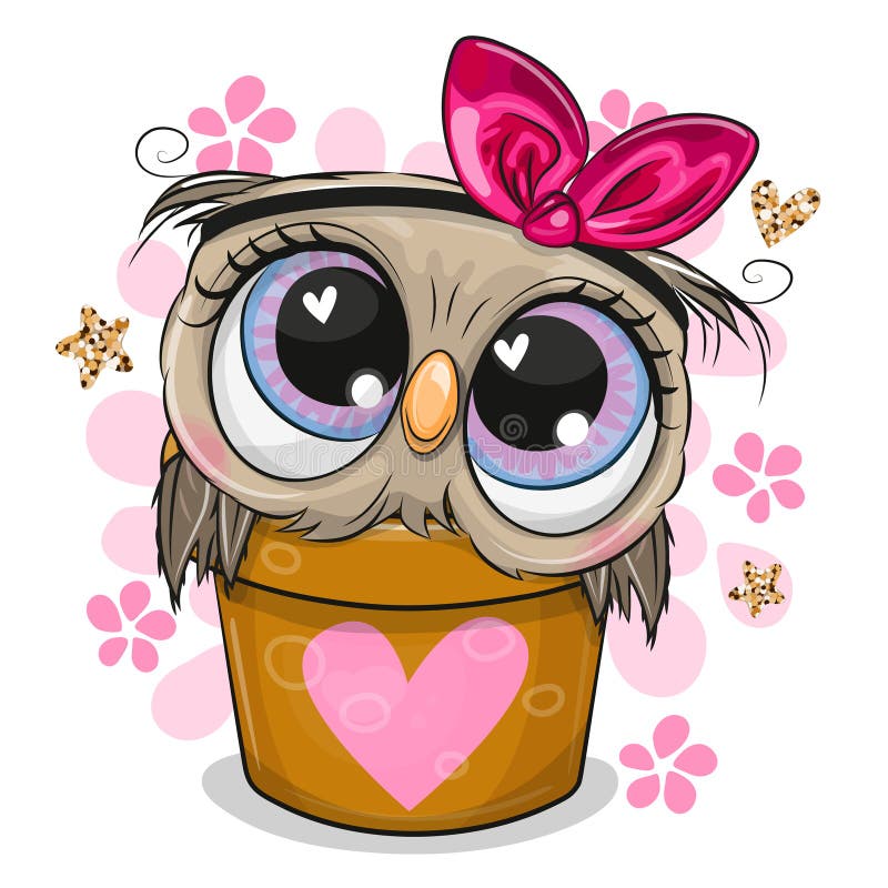 Cartoon Owl with Bow in a Brown Flower Pot Stock Vector - Illustration ...